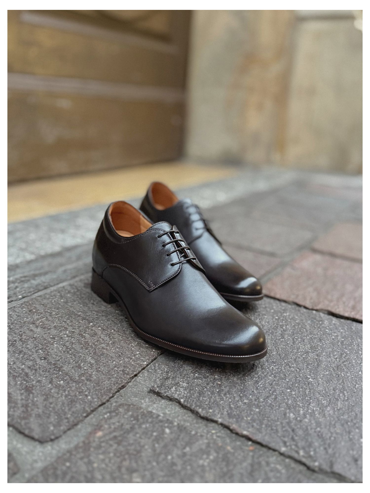 Brown, leather elevation shoes Bruce +7 cm, Conhpol - Polish production ...