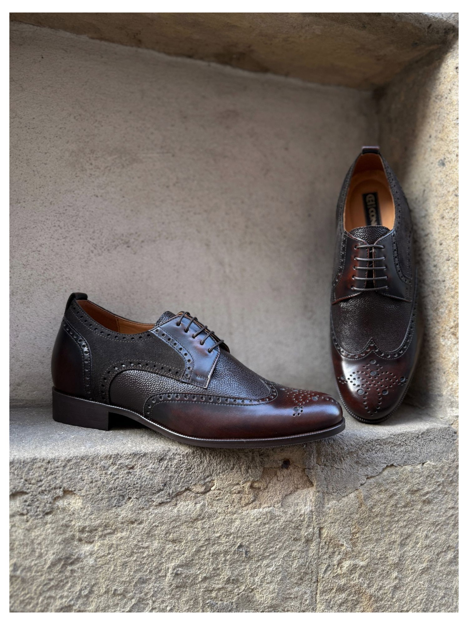 Brown, leather elevation shoes Bruce +7 cm, Conhpol - Polish production ...
